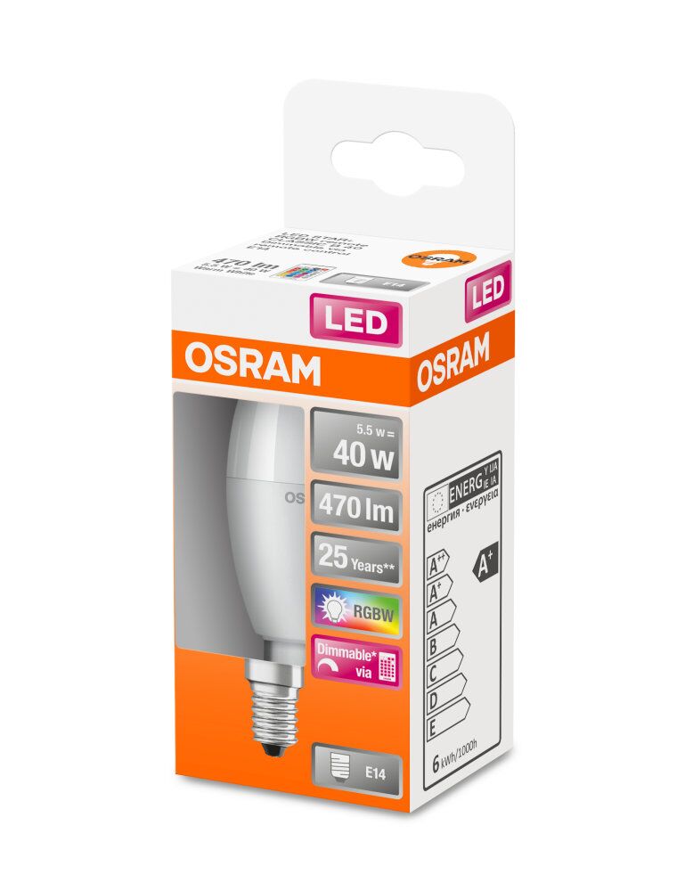 Osram / Ledvance LED Kerze B matt 200° 4,9-40W/827 RGBW einstellbar 470lm E14 220-240V dimmbar ...