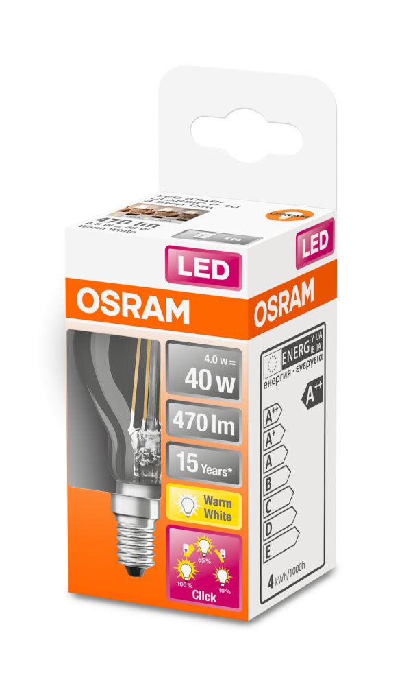 Osram / Ledvance LED Filament Superstar Classic P klar 320° Plus 4-40W/827 warmweiß 470lm E14 ...