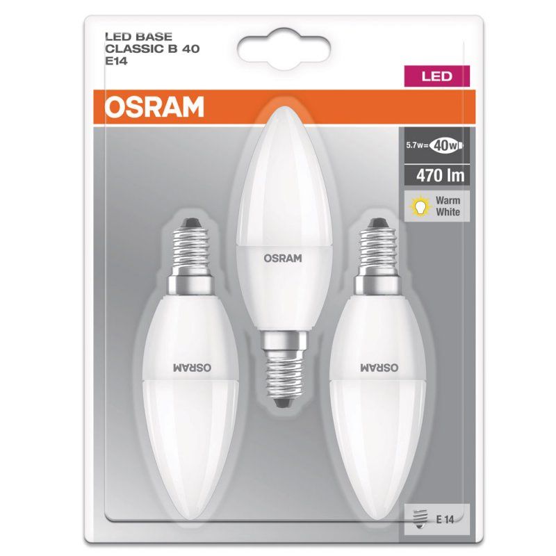 Osram LED Base Classic B Retro 5-40W/827 E14 470lm echt warmweiß nicht dimmbar matt - 3er ...