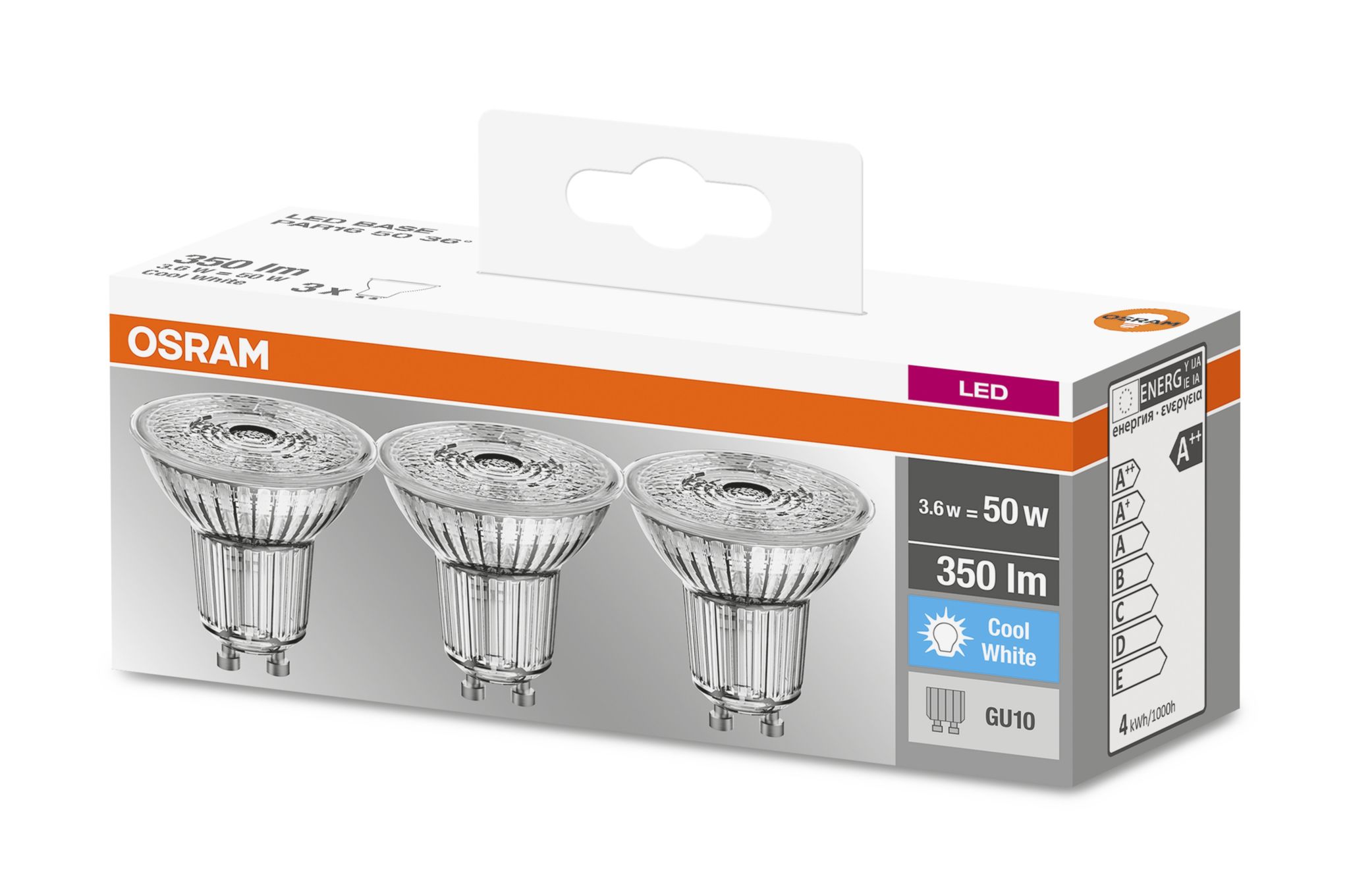 Osram LEDbase PAR16 3,6-50W/840 GU10 Glas 36° 350lm kaltweiß nicht dimmbar 3er Pack online ...
