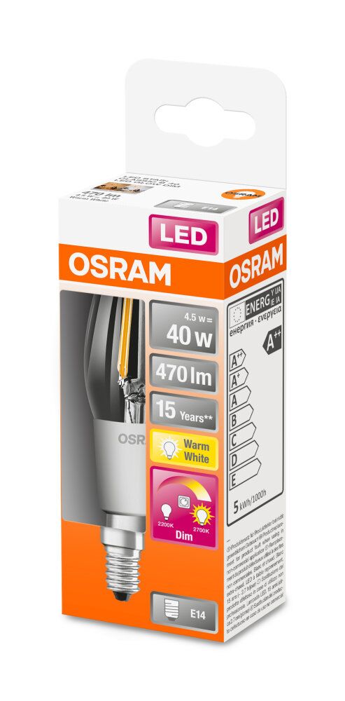 OSRAM LED Superstar Classic B Filament GlowDim 4,5-40W/827 warmweiß E14 470lm - Blister online ...
