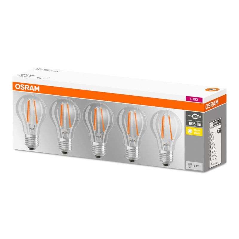 Osram LED Base Classic A Filament 7-60W/827 E27 klar 300° 806lm warmweiß nicht dimmbar 5er Pack ...
